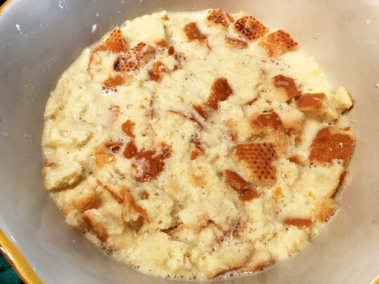 White chocolate bread pudding with white chocolate sauce